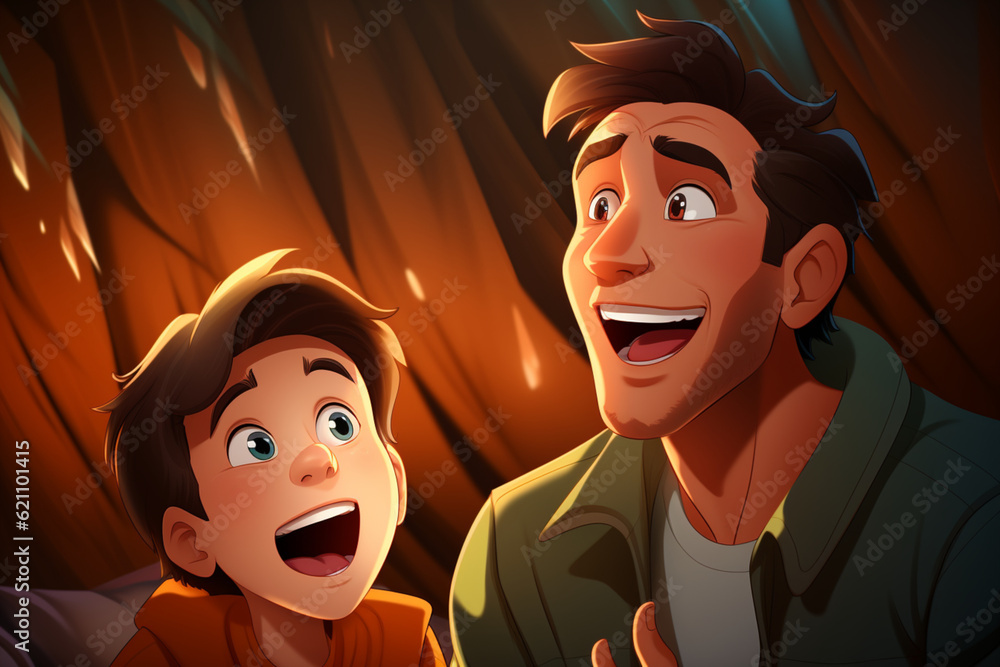 cartoon illustration of Father shares a funny story, making his son ...