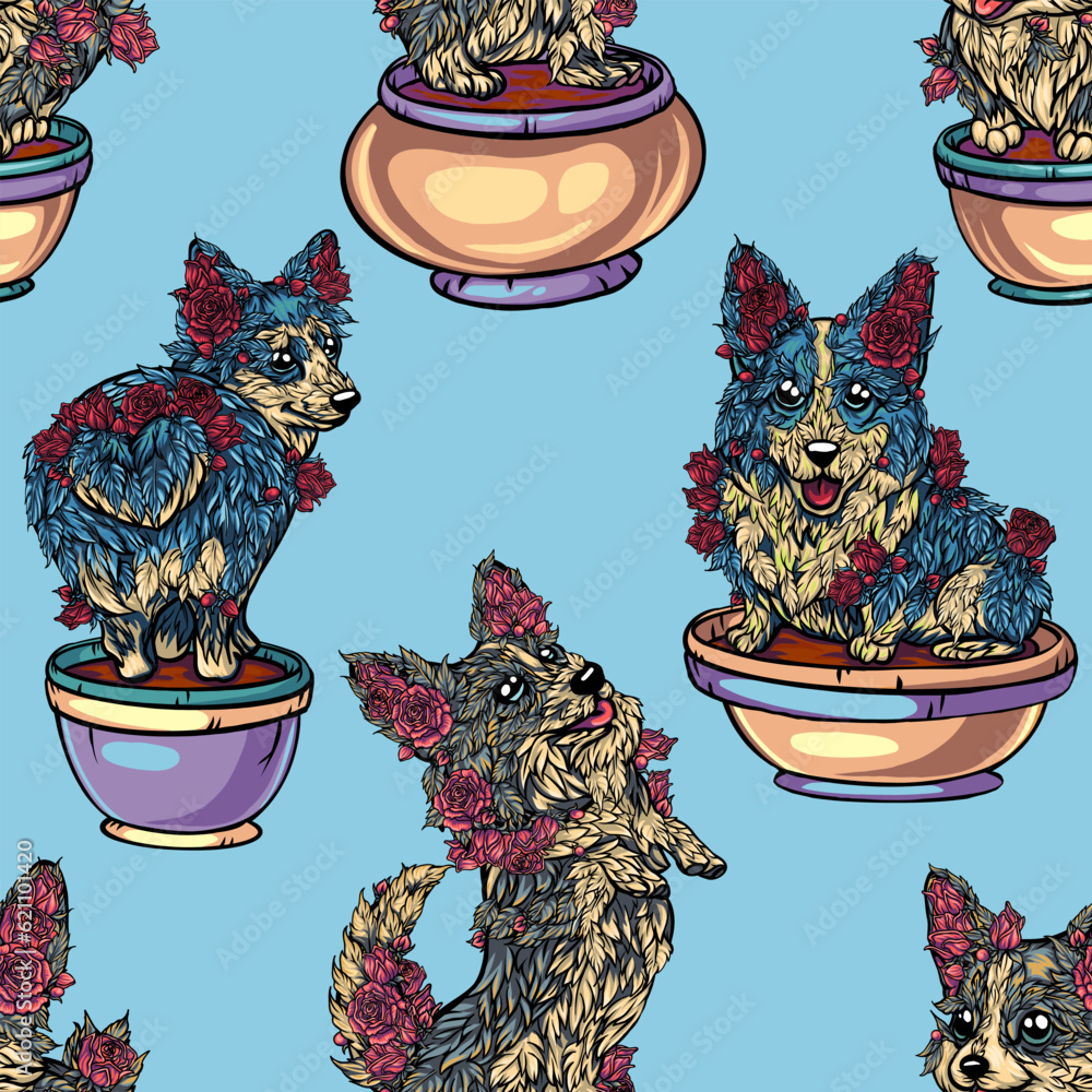 set of green tree bushes with red roses in the form of cute corgi ...