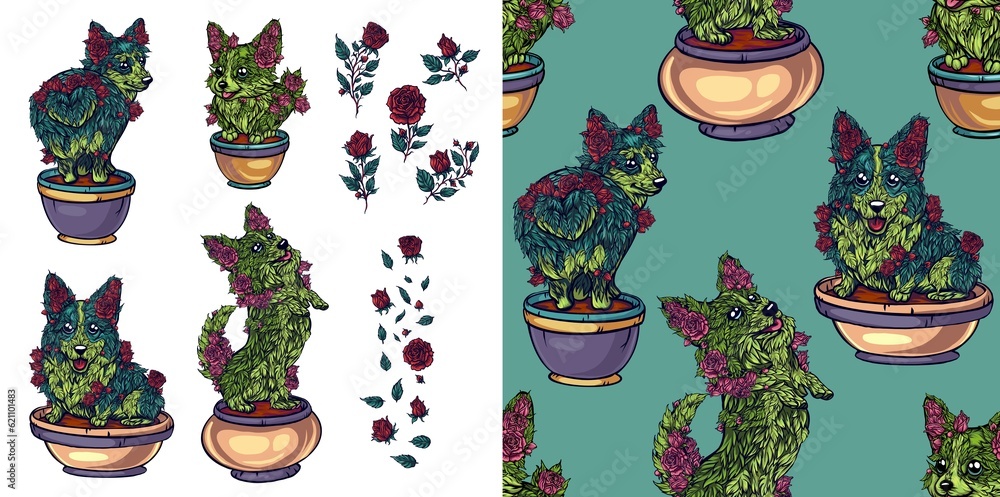 set of green tree bushes with red roses in the form of cute corgi ...