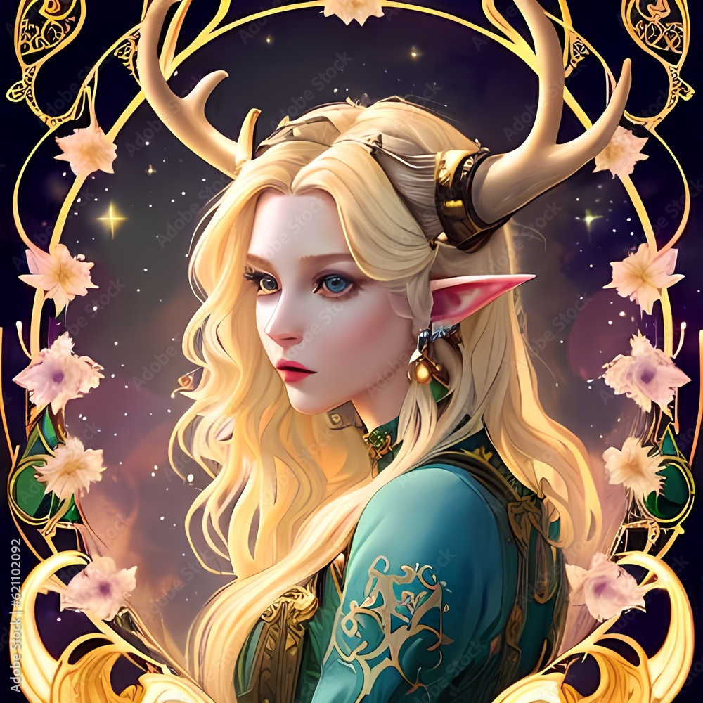 Elegant Beautiful Blonde Fantasy Satyr Girl with Floral and Starry ...