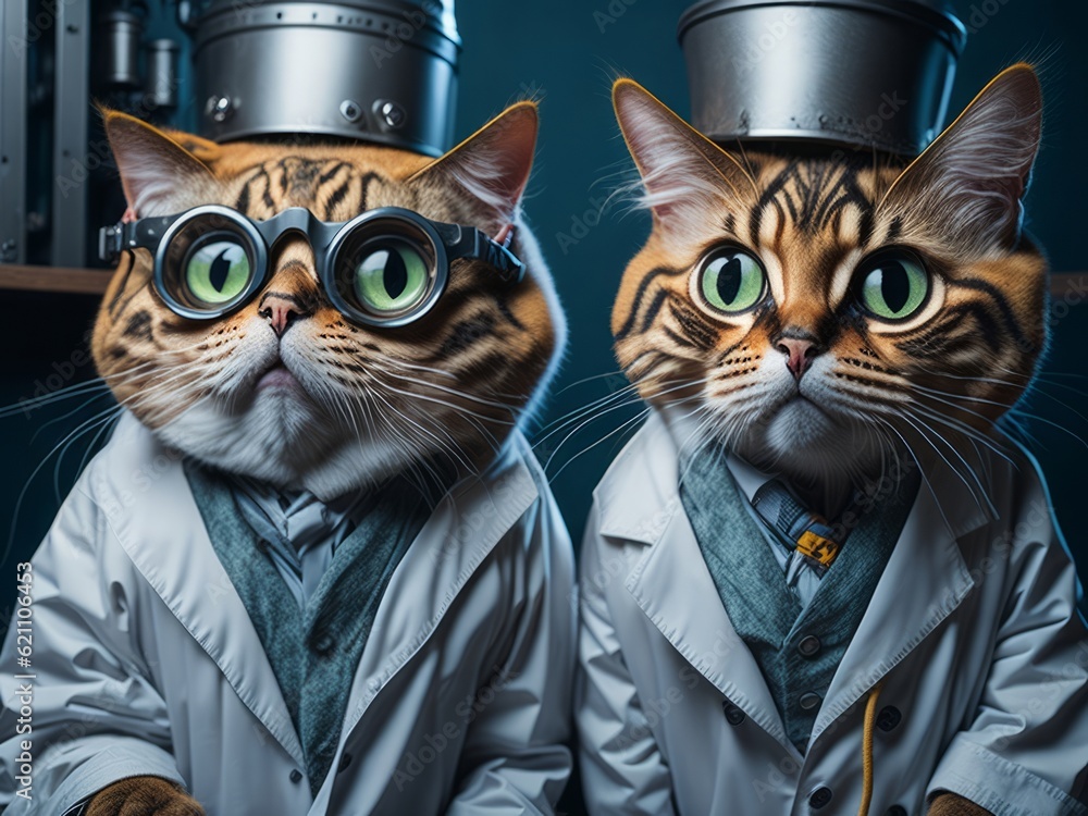Cats dressed as scientists frightened in shock from a experiment ... Cats dressed as scientists frightened in shock from a experiment ...