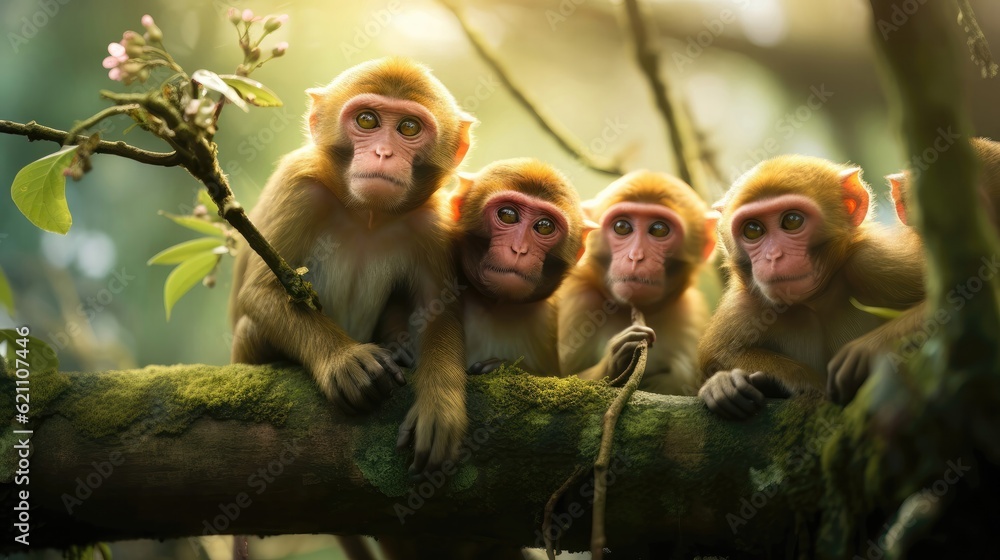 Group of lively proboscis monkeys swing through the lush rainforest ...