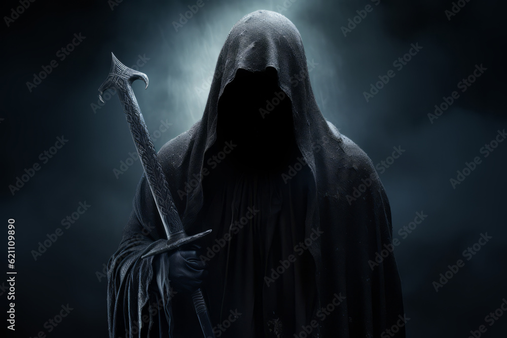 Creepy halloween grim reaper figure wearing a black rope against a dark ...