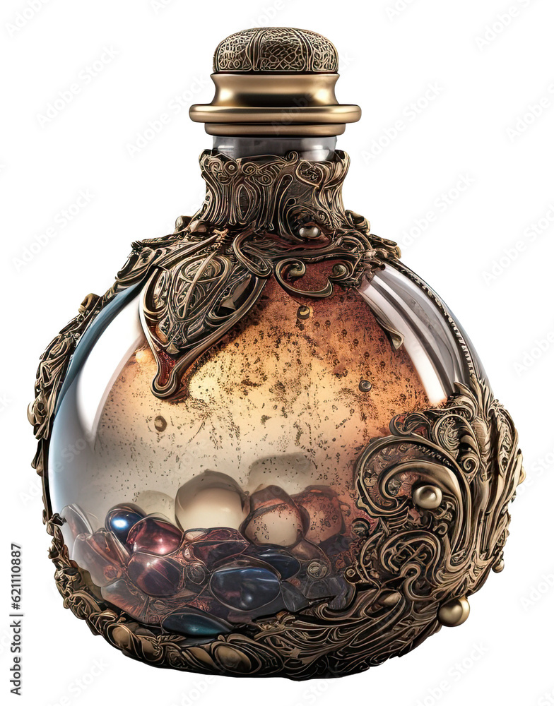 intricate old golden magic potion bottle isolated on transparent ...