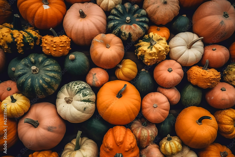Different types and colors of pumpkin background. Generative AI Stock ...