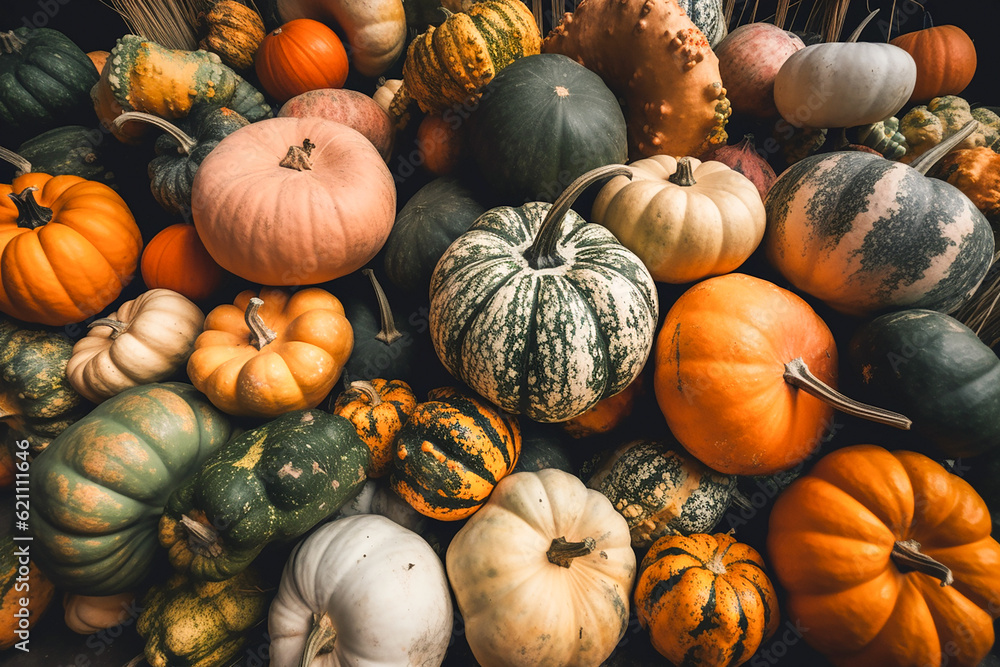 Different types and colors of pumpkin background, flatlay. Generative ...