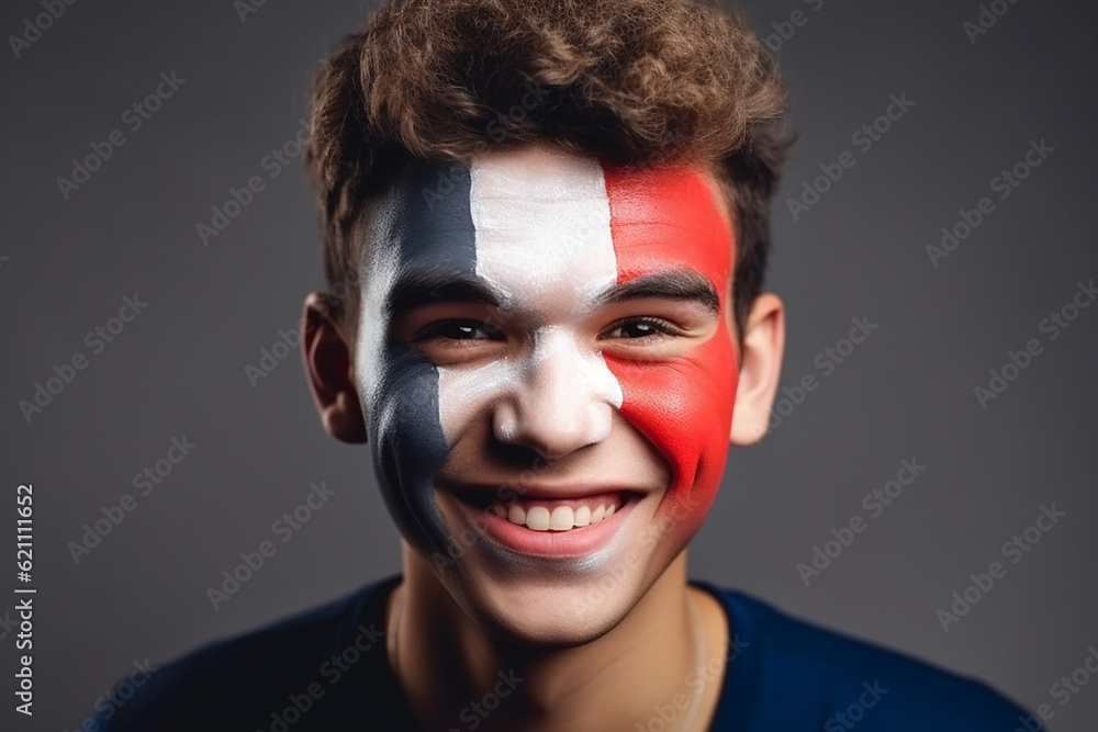 Handsome smiling young guy with french flag art on his face. Generative ...