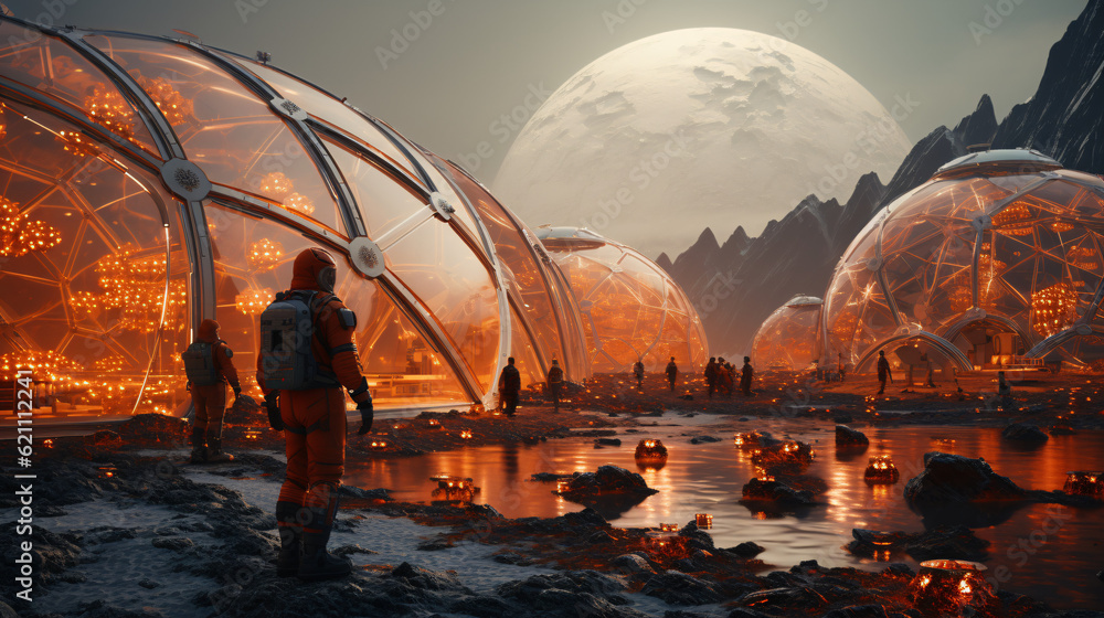 Astronaut scientist in space suit among futuristic glow geodesic domes ...