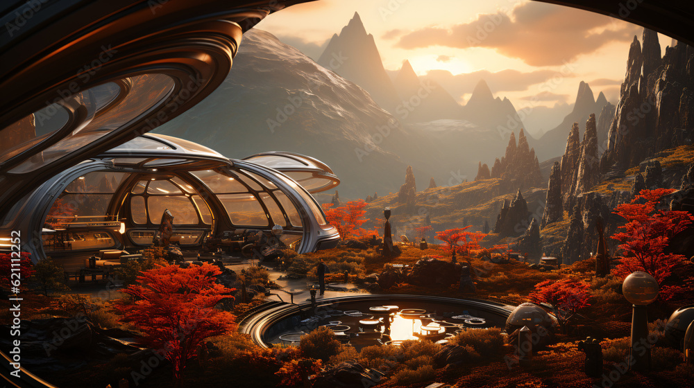 Alien sunset panorama with trees and futuristic round steel and glass ...