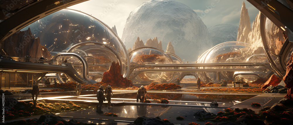 Futuristic chrome and glass structure on alien planet, 3d rendering ...