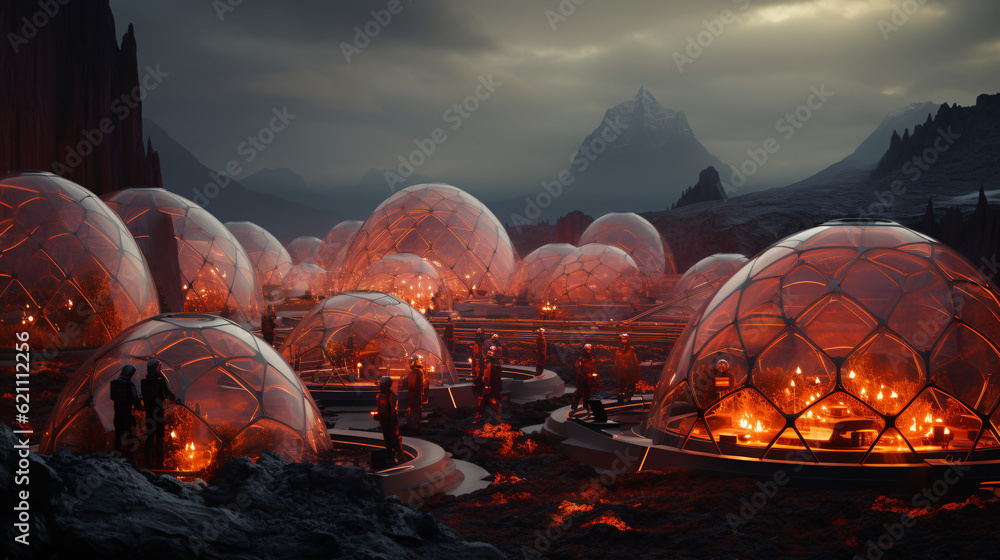 Geodesic dome cityscape glowing in the night, group of Martian glass ...