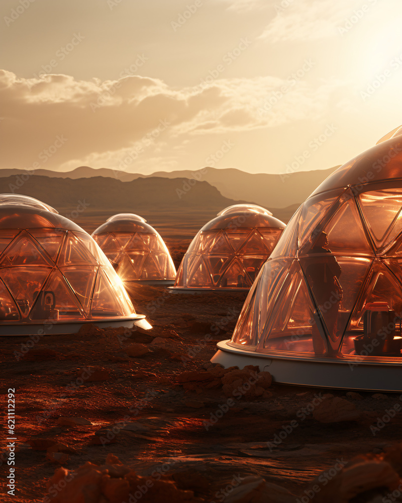 Futuristic homes in the martian desert, protective geodesic domes ...