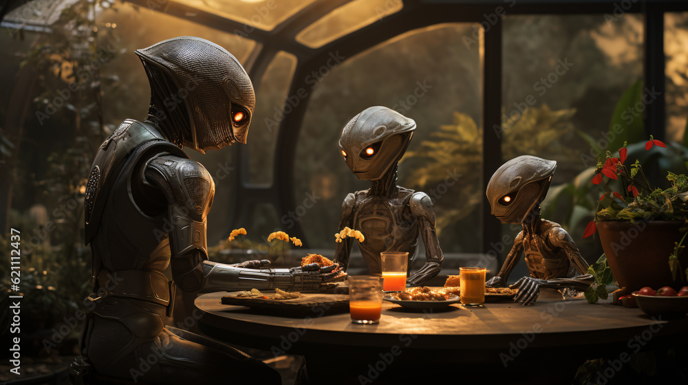 Full helmet alien family sitting at table at sunset, digital ...