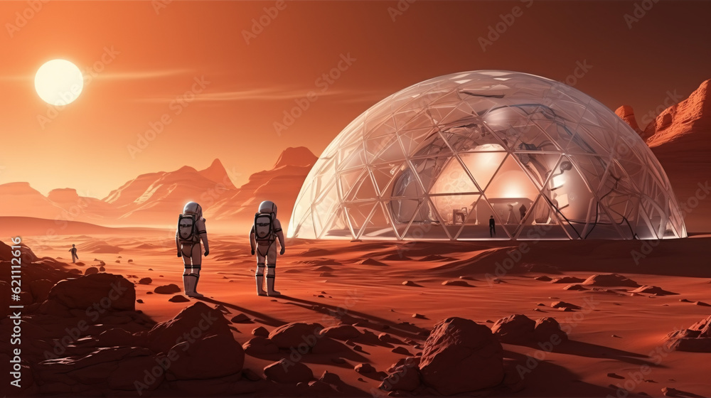 Astronauts in space suits, futuristic large geodesic dome, Mars ...