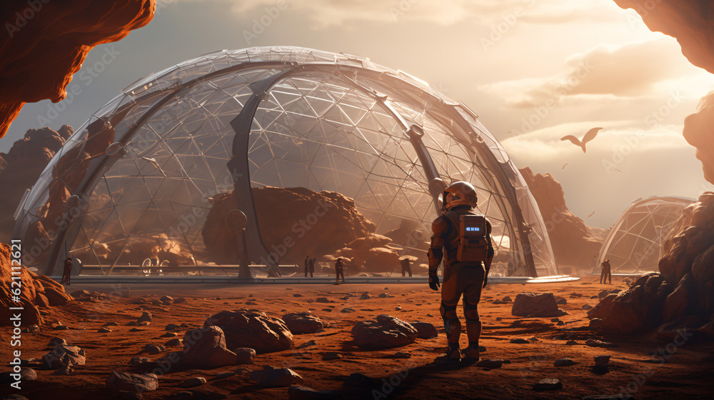 Astronaut in space suit, futuristic large geodesic domes, alien planet ...