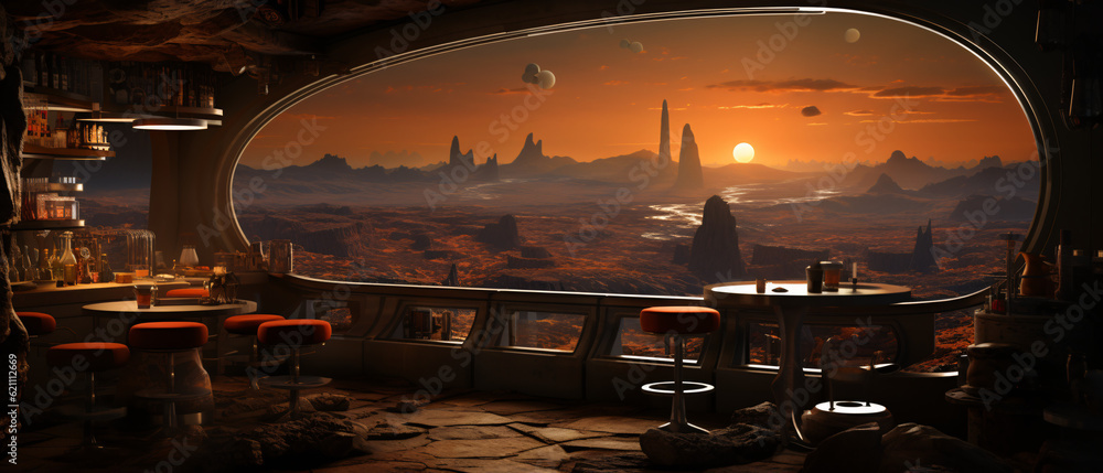 Horizontal poster, inside elegant space restaurant, panoramic window ...