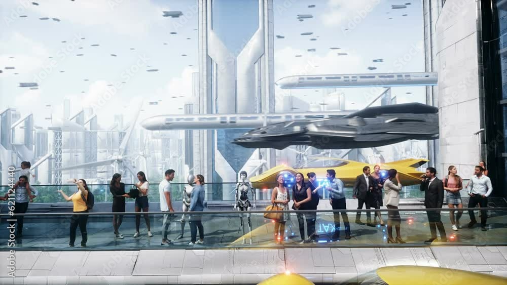 Futuristic city. 3d people and robots. Future concept. Realistic 4k ...