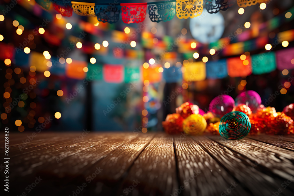 Empty table with Mexican fiesta background out of focus. Stock ...
