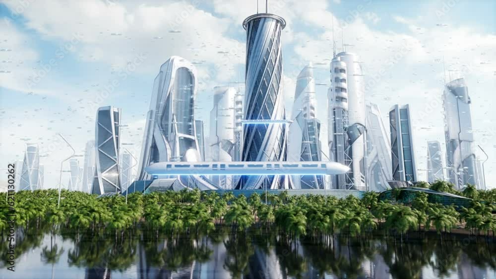 Futuristic city day. Sci fi architecture and buildings. Future concept ...