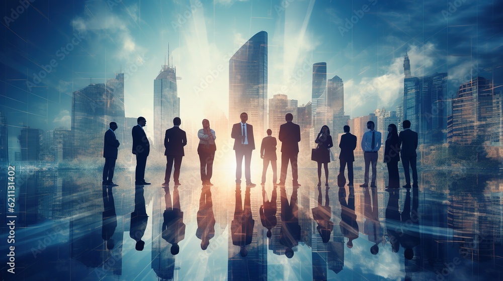 Double exposure image of many business people conference group meeting ...
