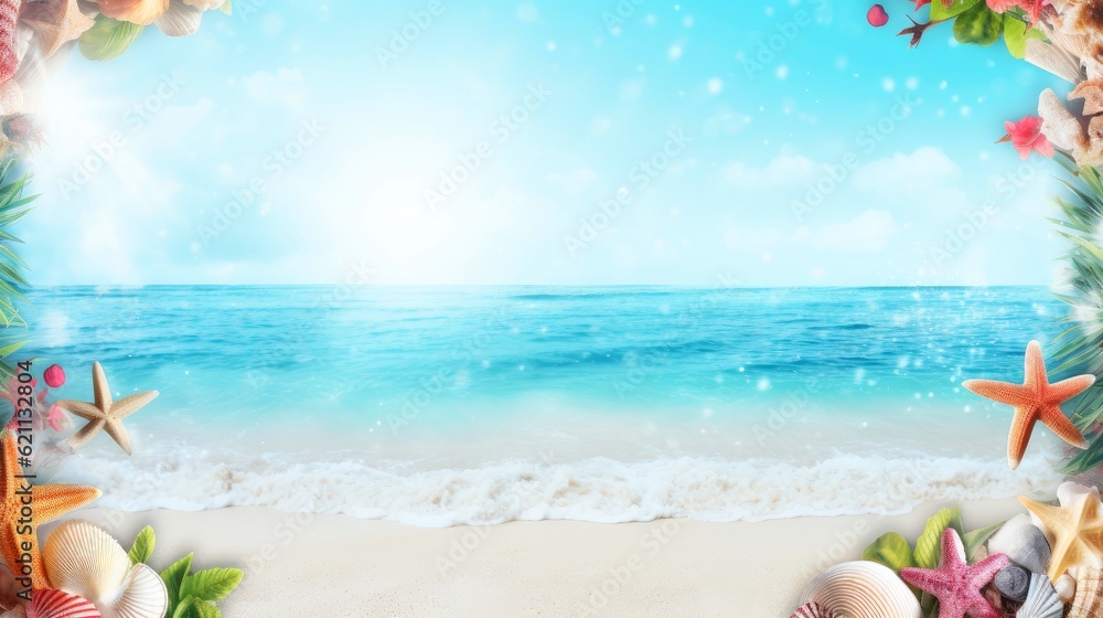 Sea elements card template, beach background design with border frame ...