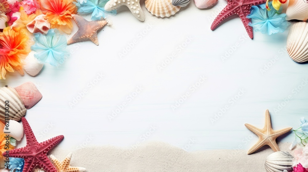 Sea elements card template, beach background design with border frame ...