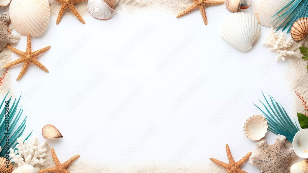 Sea elements card template, beach background design with border frame ...