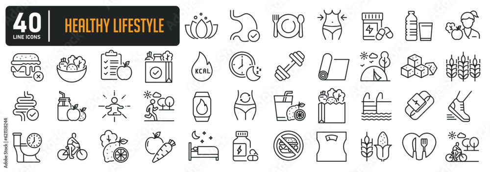 Healthy lifestyle thin line icons. Editable stroke. For website ...