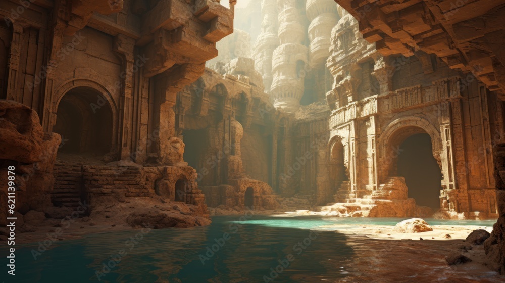 Ancient city buried deep within a desert or underwater realm. Depict ...