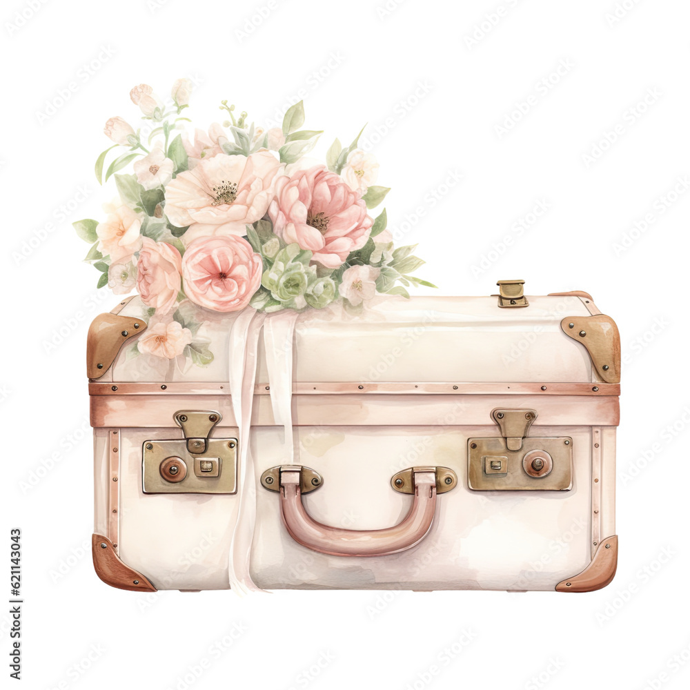 a vintage bridal trousseau suitcase in watercolor style isolated on a ...