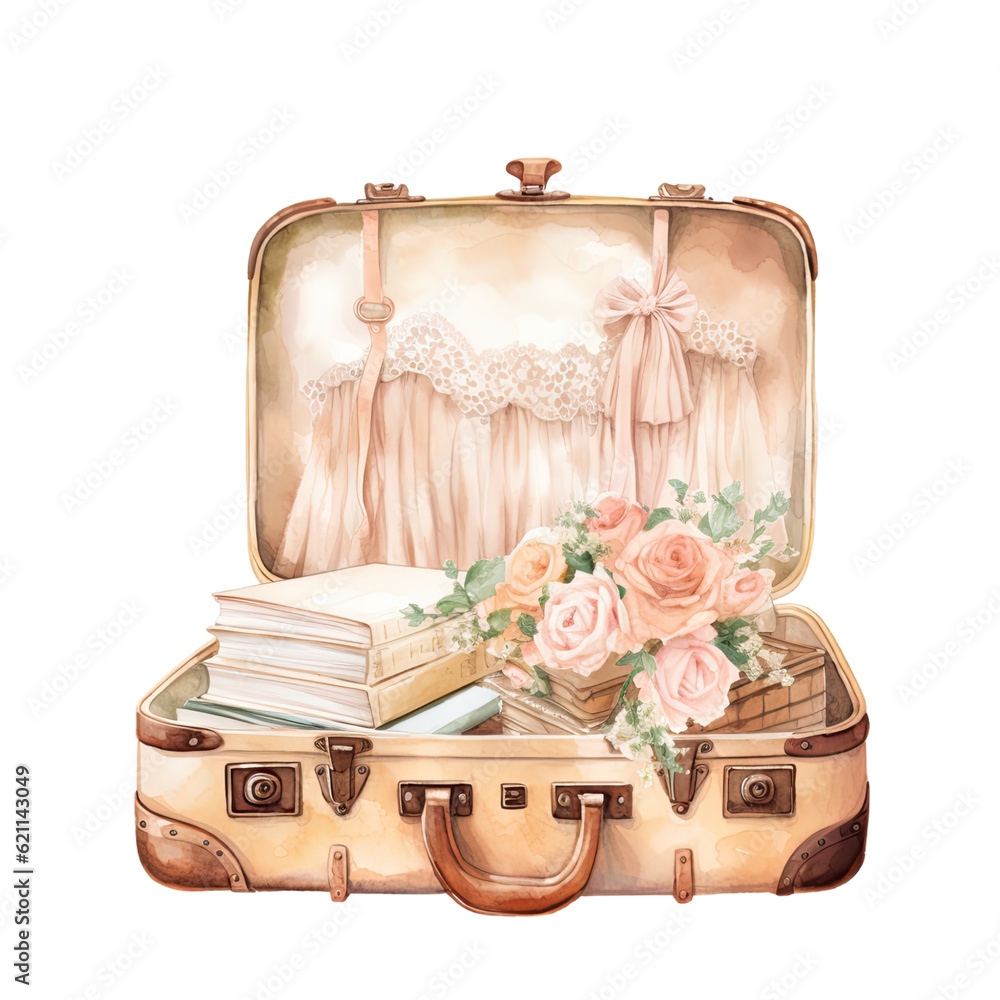 a vintage bridal trousseau suitcase in watercolor style isolated on a ...