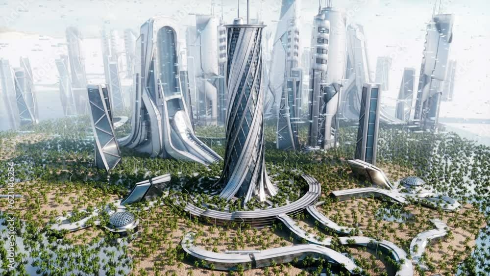 Futuristic city day. Sci fi architecture and buildings. Future concept ...