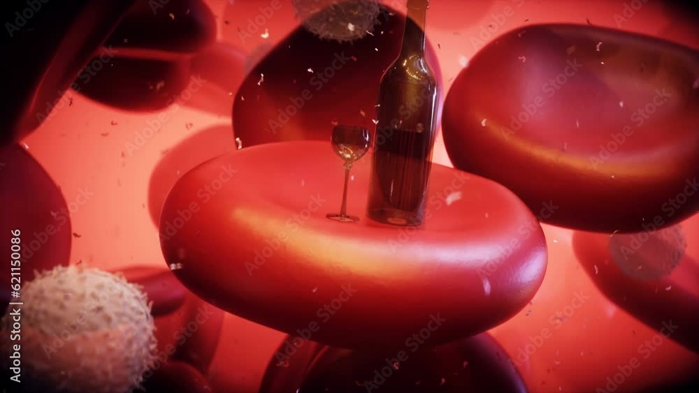 Bottle and blood cell inside human body. harm of alchohol concept ...