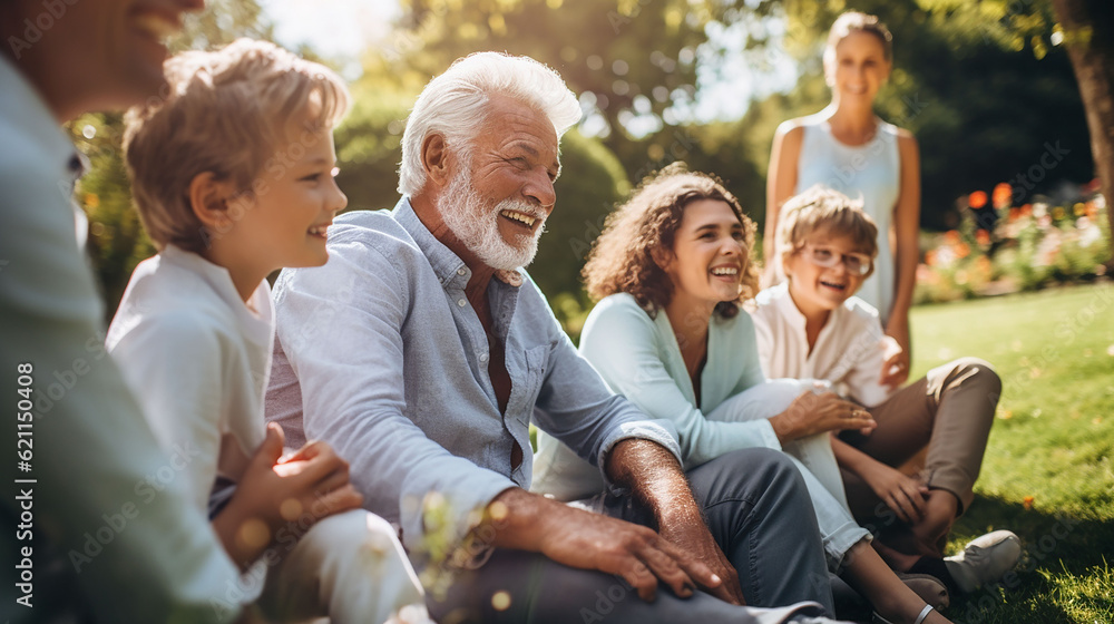 Happy multigenerational people having fun sitting on grass in a public ...