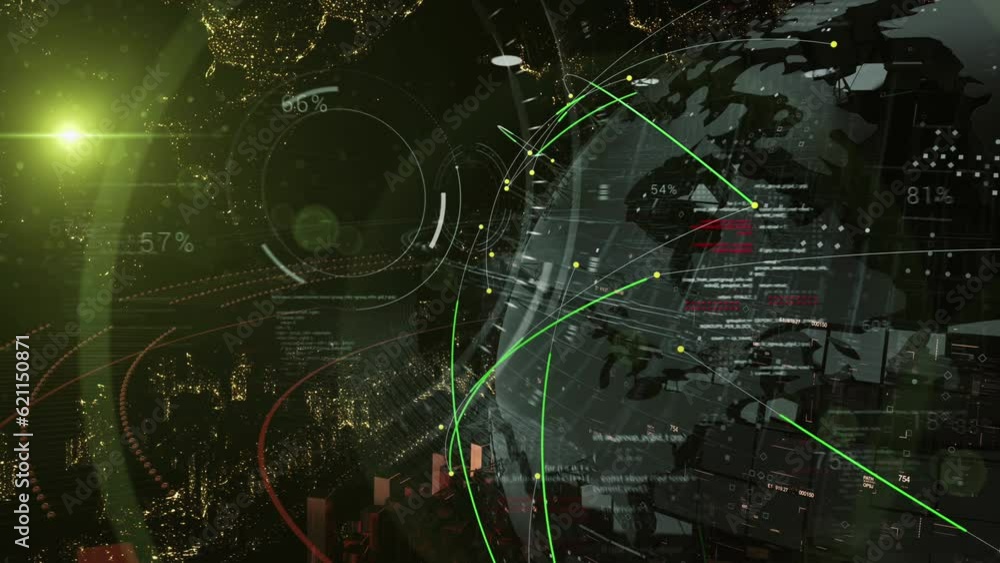 Abstract Sci Fi HUD animation.5G towers connections.Globe Earth.World ...