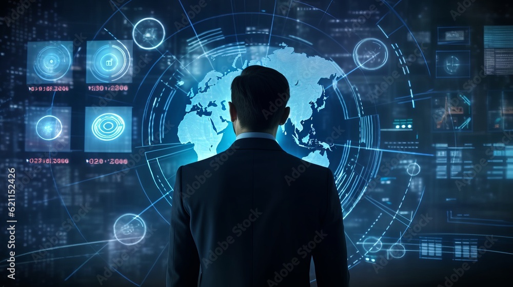 digital business person standing looking at virtual business scrren ...