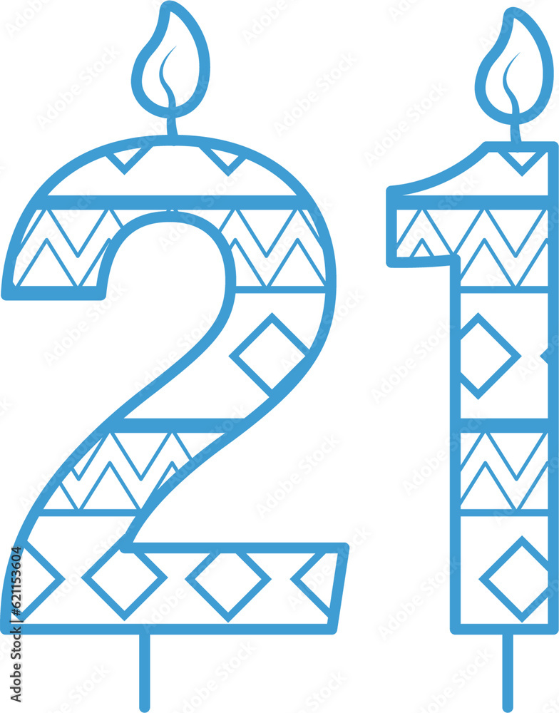 Digital png illustration of blue 21 birthday candle with pattern on ...