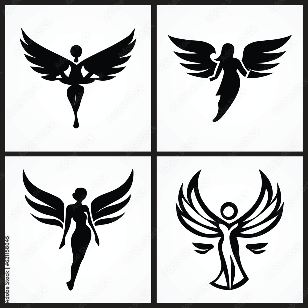 Multipurpose set of outline angel women or girls with wings silhouette ...