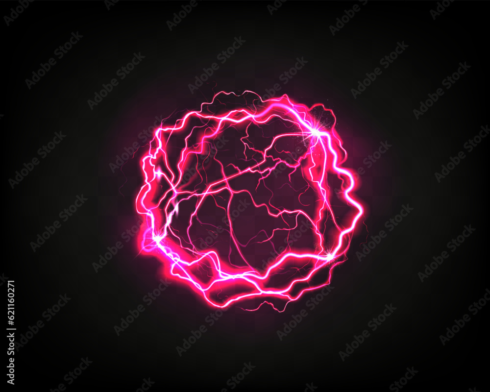Lighting energy. Electric power ball. Circle plasma light. 3D purple ...