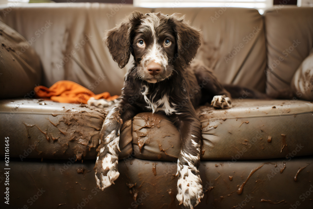 muddy puppy dog lying in mess on lounge, made with generative ai Stock ...