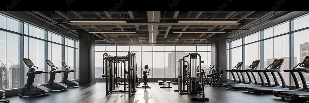Fitness center gym interior design with daylight big window center city ...