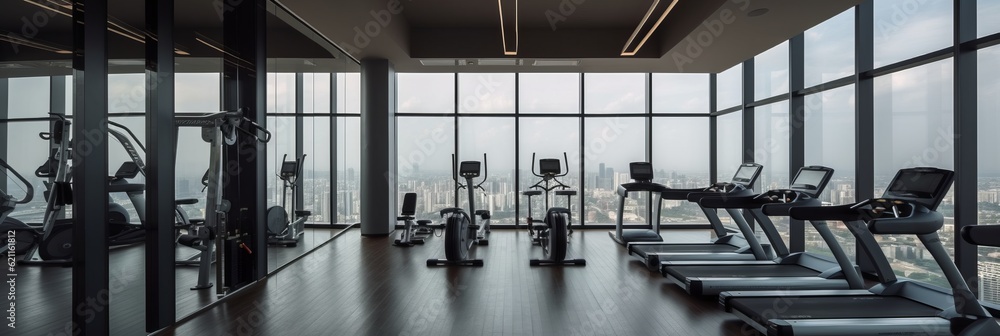 Fitness center gym interior design with daylight big window center city ...