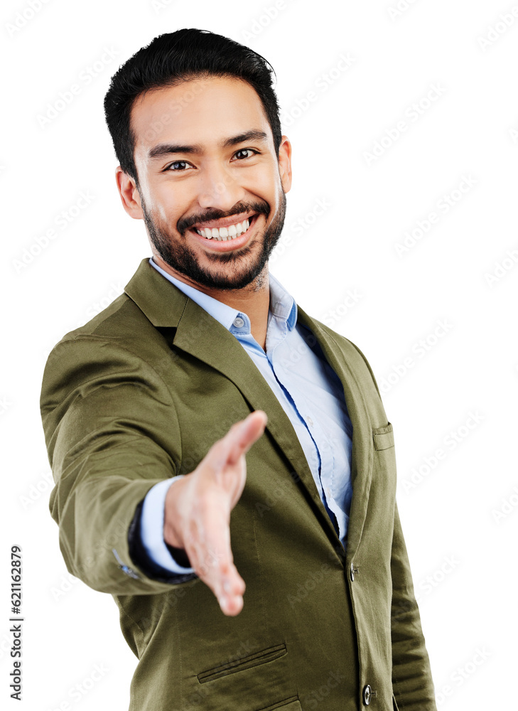 Isolated business man, open hand shake and welcome with smile, portrait ...