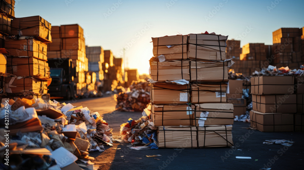 Cardboard waste pile stacked on a landfill. Recycled paper or reuse ...