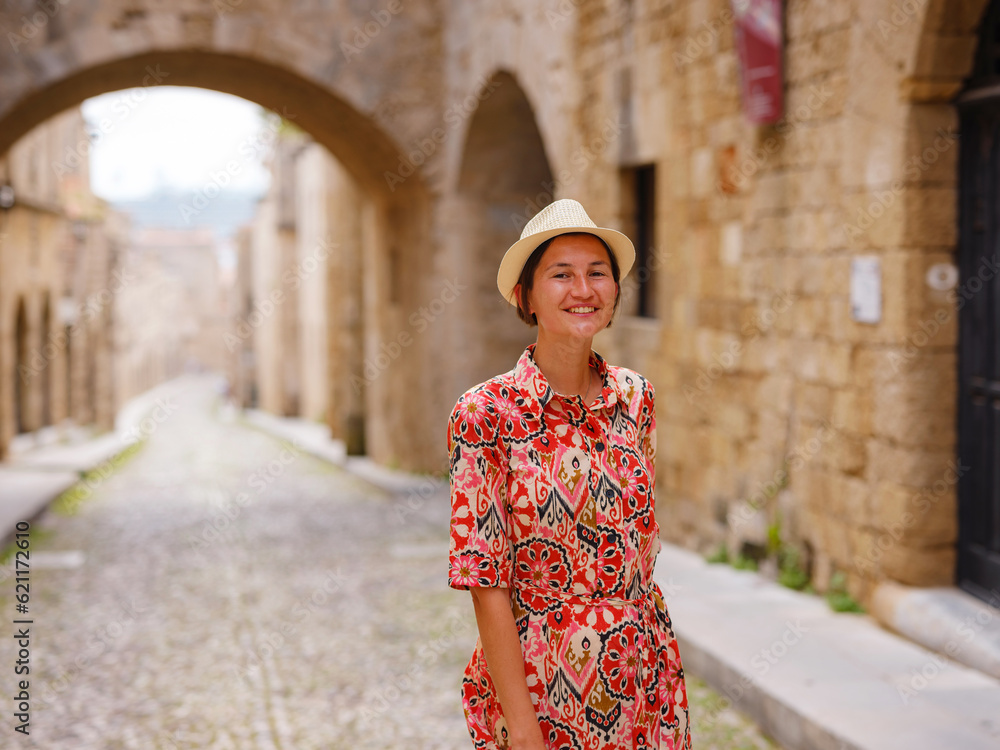 Foto de summer trip to Rhodes island, Greece. Young Asian woman in ...