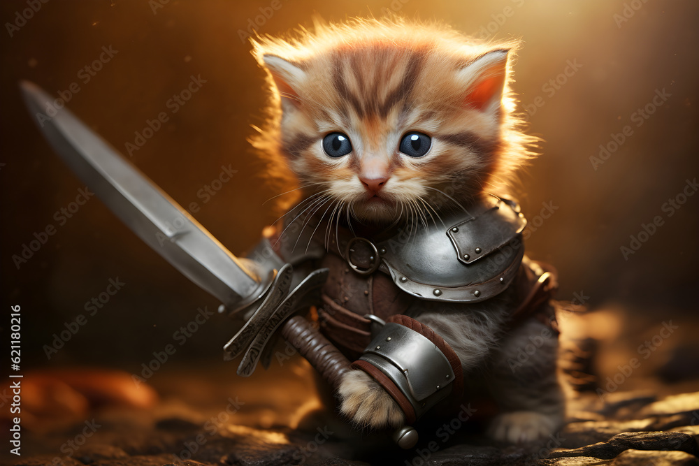 kitten knight wearing suit of armour holding claymore sword Stock ...