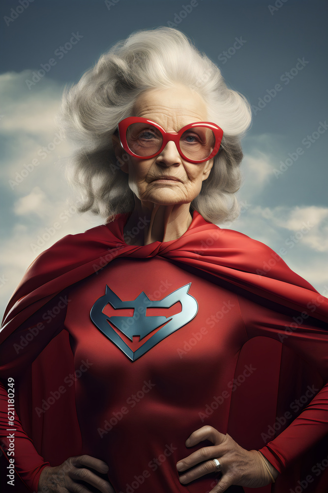 elderly female superhero grandma in red costume on cloud sky background ...