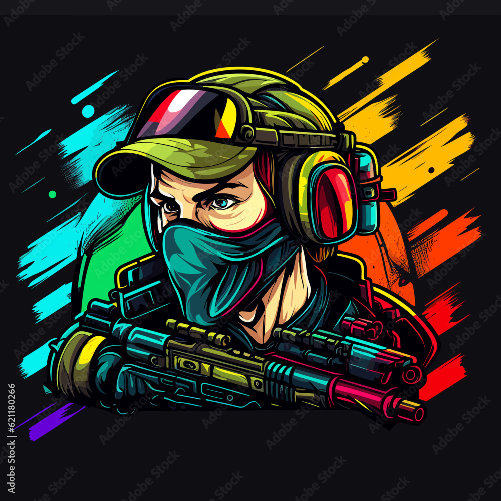 Military man sniper with airsoft automatic rifle. Cartoon vector ...