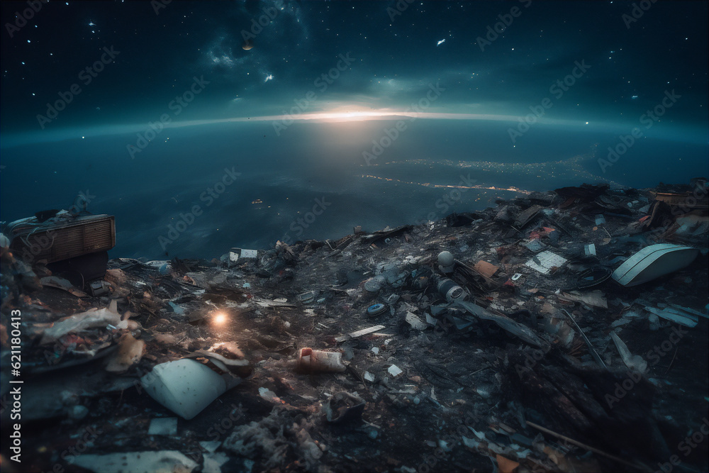 Enormous garbage pile reaching outer space showing pollution problems ...