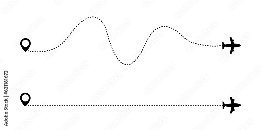 Aircraft route dotted lines vector illustration, airplane is in a ...